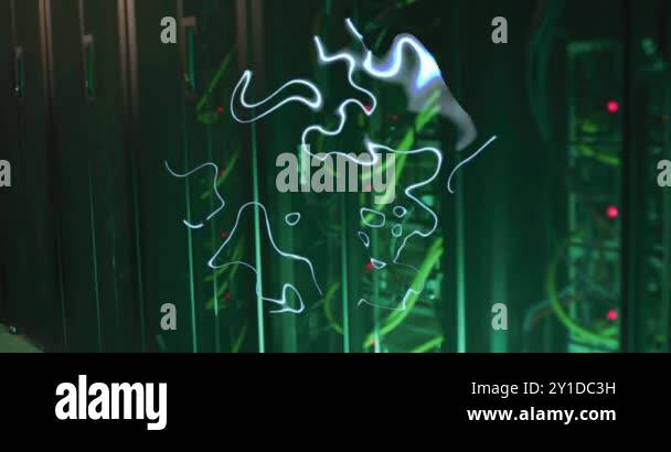 Glowing lines animation over server racks in data center. Technology ...
