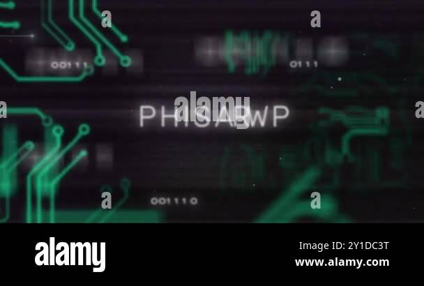 Phishing Text Animation Over Digital Circuit Board And Binary Code Background Cybersecurity