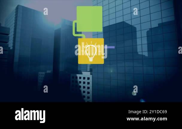 Network of connected devices and icons animation over cityscape ...