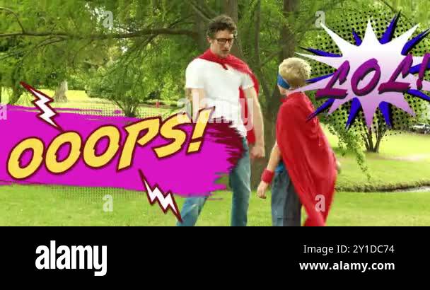 Superhero-themed text animation OOPS! and LOL over people in park ...