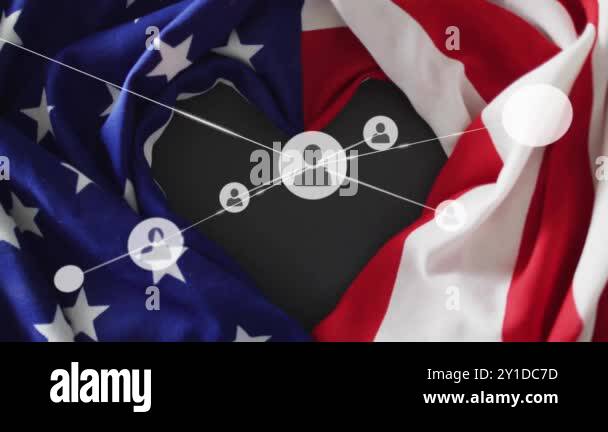 Animating network connections over American flag background. Technology ...