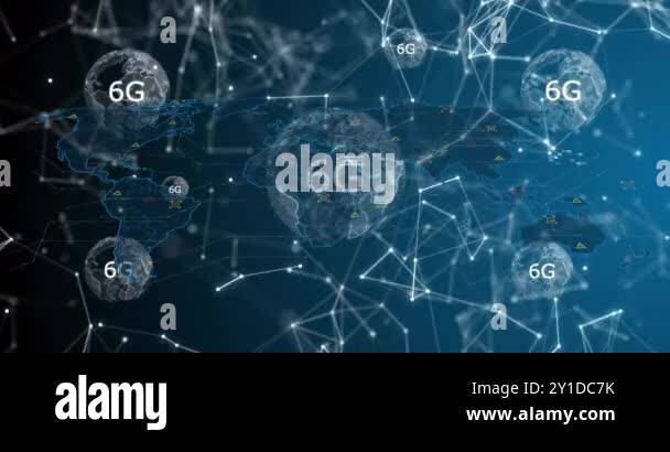 Global network connections and 6G technology animation over world map ...