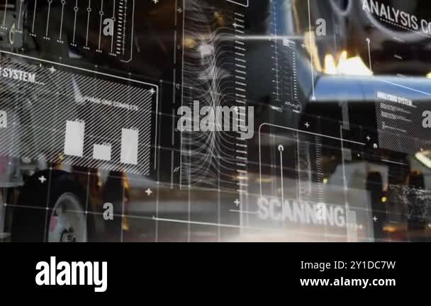 Scanning and data analysis animation over airplane engine and technical ...