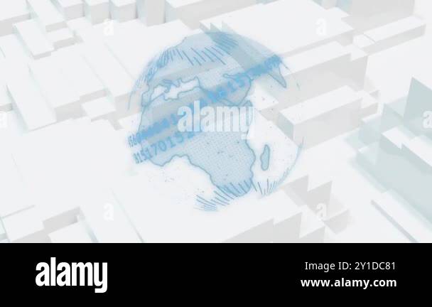 Rotating globe with numbers and lines animation over abstract white ...