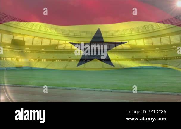 Ghana flag animation over empty stadium with green field and track ...