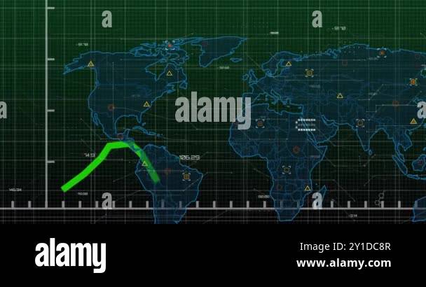 Green line graph animation over world map with data points and grid. Data visualization ...