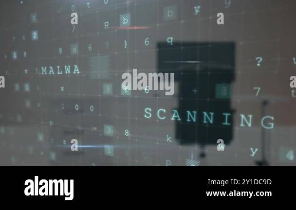 Warning text animation over grid with numbers and symbols. alert, caution, digital ...