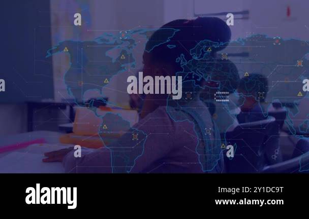 World map with data points animation over students studying in ...