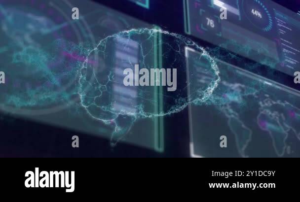 Processing digital data with holographic elements in futuristic interface animation. Technology ...