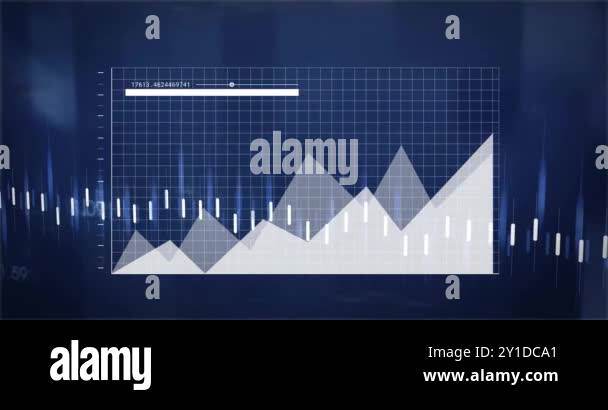 Graph with fluctuating data and sound wave animation over blue grid background. analytics ...
