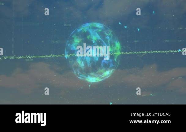 Glowing geometric sphere with data points and numbers animation over ...