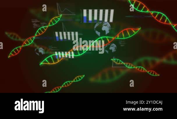 Animating DNA strands and data charts over dark background. Science ...