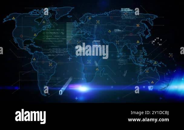 Displaying world map with cybersecurity threats and data processing animation. technology ...