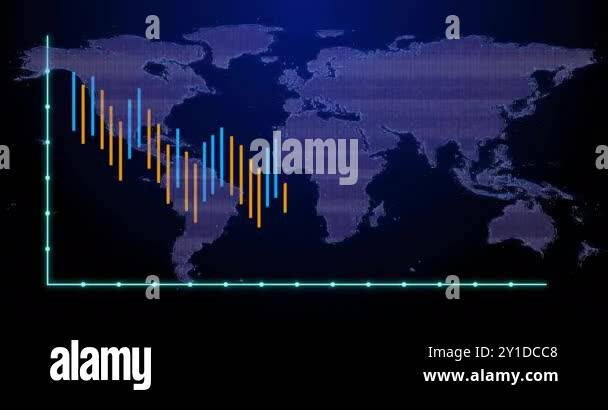 Animating financial data chart over world map background. Finance, animation, data visualization ...