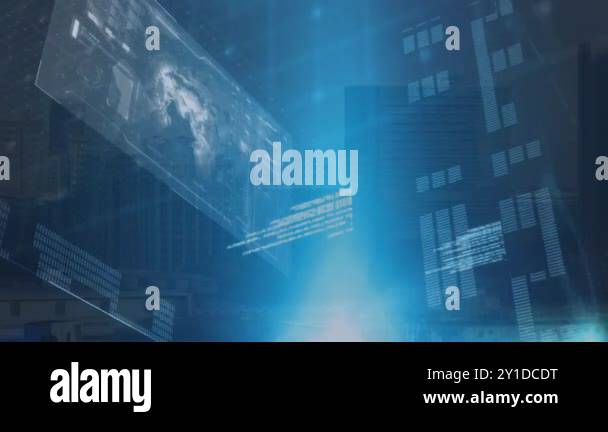 Digital world map and data analysis animation over cityscape background ...