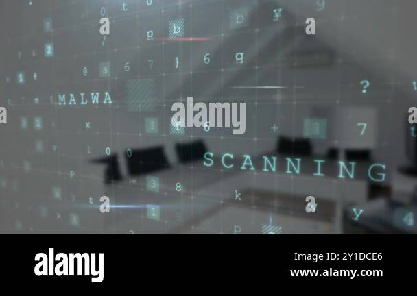 Warning text animation over office background with numbers and symbols ...