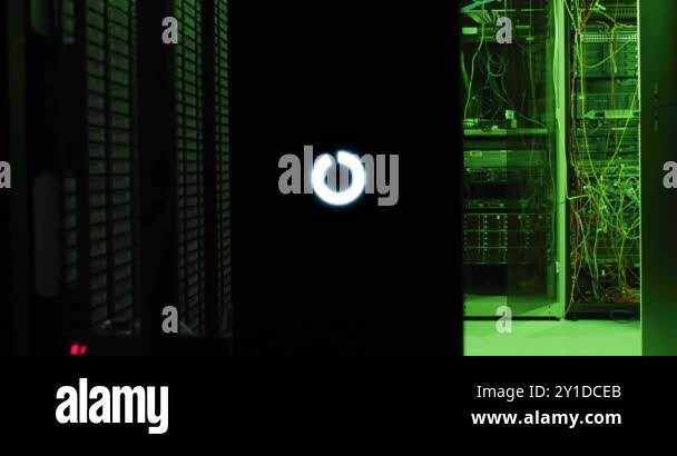 Loading bar animation over server racks in data center, visualizing progress. Technology ...