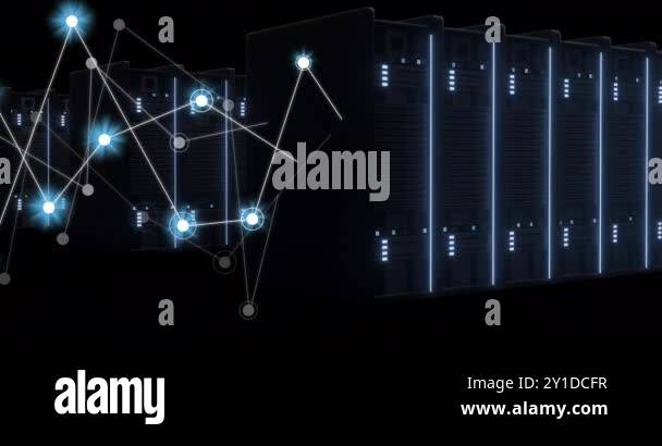 Network connections and data processing animation over server racks in dark room. Technology ...
