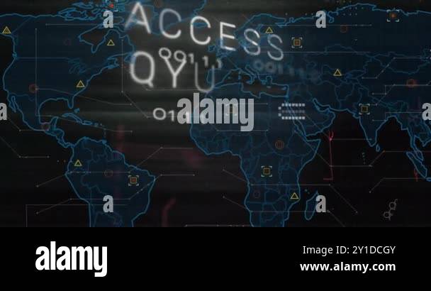 Access Denied Text Animation Over Digital World Map With Data And Security Icons Cybersecurity