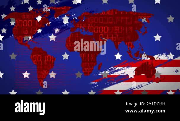 World map with binary code and stars and stripes animation. Global ...