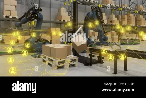 Robotic arms handling packages in warehouse with logistics network animation over. Automation ...