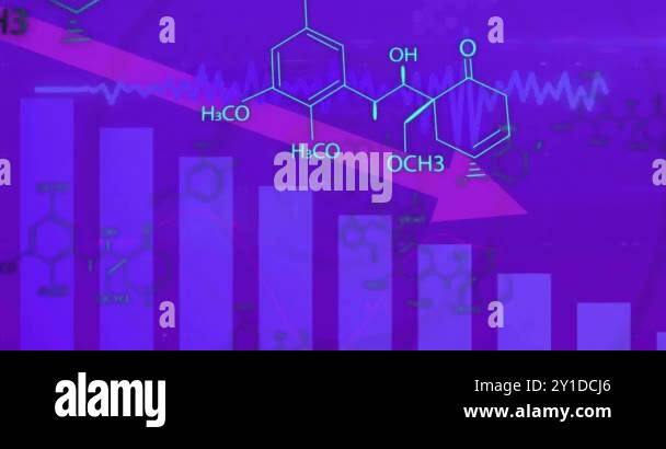Animated chemical structures and downward bar graph on purple ...