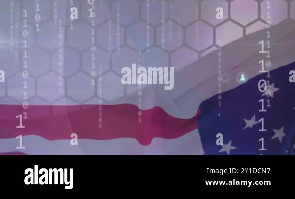 Binary code and hexagonal grid animation over waving American flag. Technology, digital, coding ...