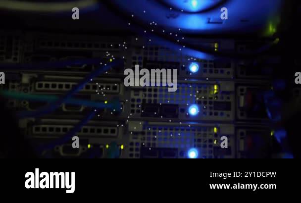 Server rack with blinking lights animation, data transferring, in modern data center. technology ...