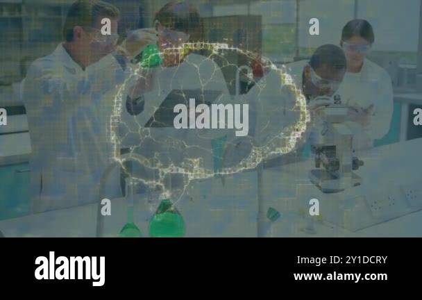 Conducting experiments in laboratory, scientists analyzing digital ...