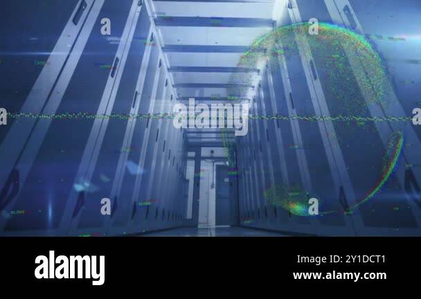 Digital globe and data processing animation over server racks in data ...