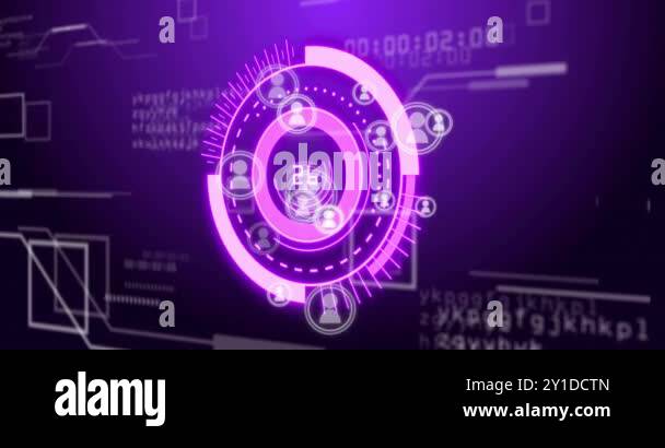 Animated circular elements and user icons on digital interface, purple ...