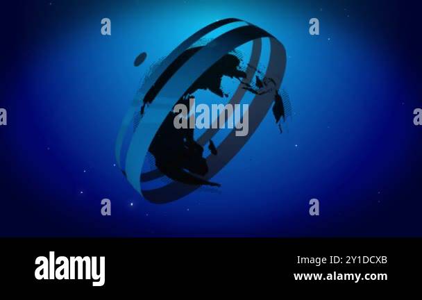Rotating globe with rings animation over starry night sky background ...