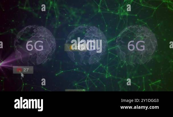 6G network connectivity animation over global map with social media notifications. Technology ...
