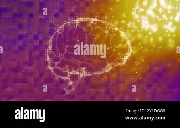 Digital brain and neural network animation over purple and yellow background. Technology ...