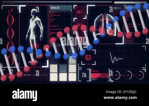 Medical data analysis animation over human body, DNA strand, and lungs ...