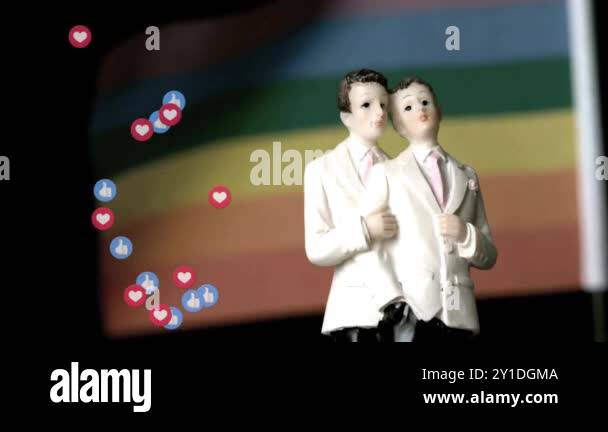 Animation of emoji icons over wedding decoration and lgbt flag. Global ...