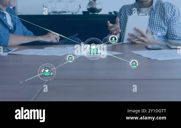 Animation of network of connections with icons over diverse colleagues ...