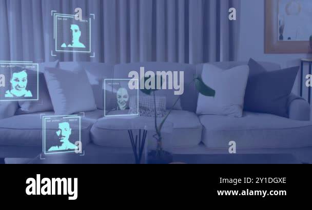 Facial recognition animation over living room with sofa and curtains ...