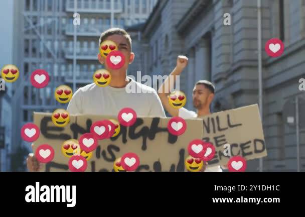 Animation of media icons over biracial men with signs protesting ...