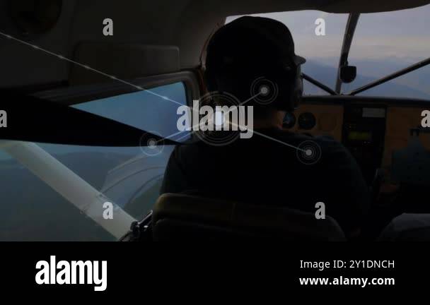 Pilot in cockpit flying aircraft with network connections animation ...