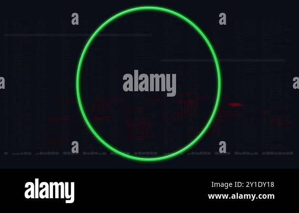 Green circle animation over financial data and red bar charts. Finance ...