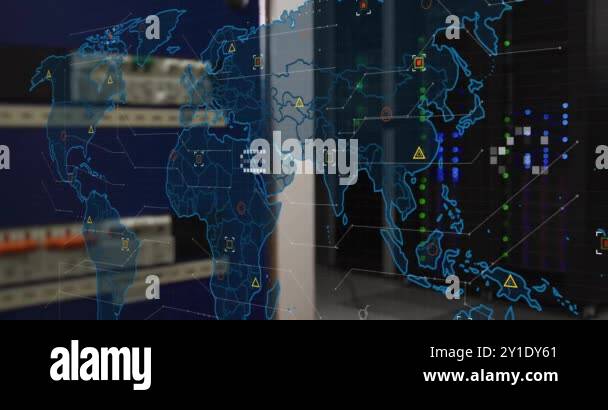 World Map With Data Points And Network Connections Animation Over