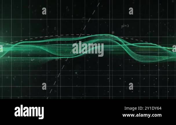 Green wave animation over mathematical equations and scientific formulas. Science, technology ...