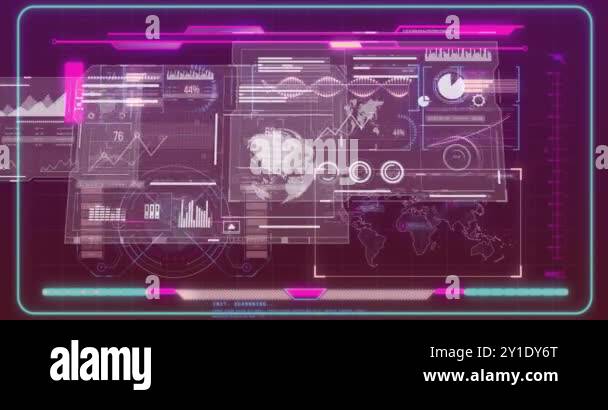 Futuristic data analysis and world map animation over digital interface with graphs. Technology ...