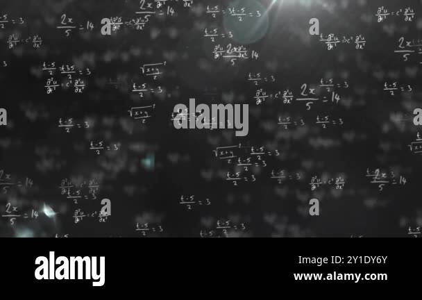 Mathematical equations and formulas animation over dark background with light flares ...