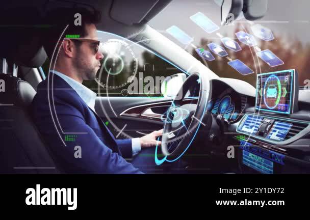 Man driving car with futuristic digital interface animation over ...