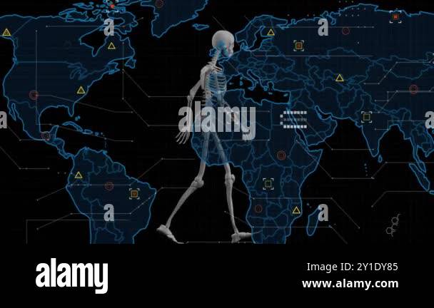 Human skeleton walking animation over world map with data points and hexagonal patterns ...