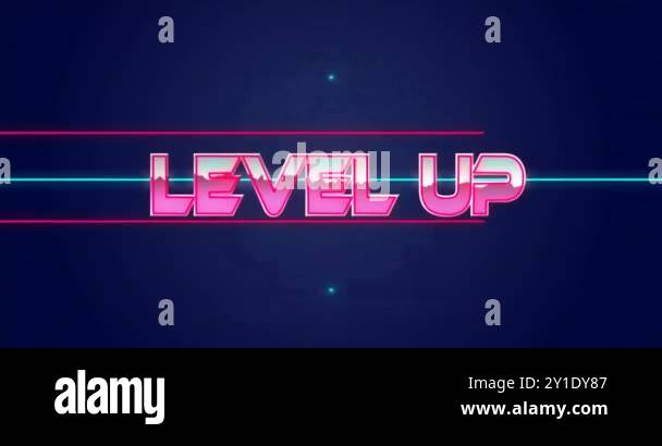 Level up text animation over blue shapes on dark background. Upgrade ...