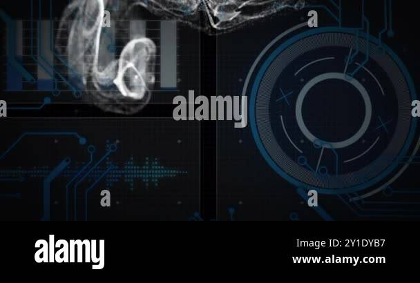 Digital particles swirling over futuristic interface animation with ...