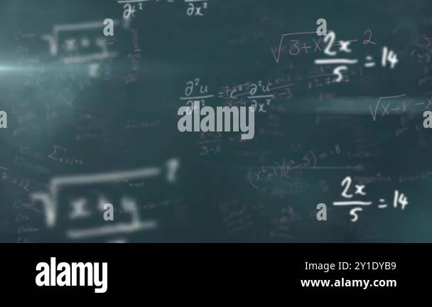 Animating mathematical equations and formulas over dark green background. Mathematics, animation ...